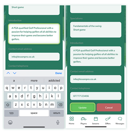 Update profile - Lesson Pro